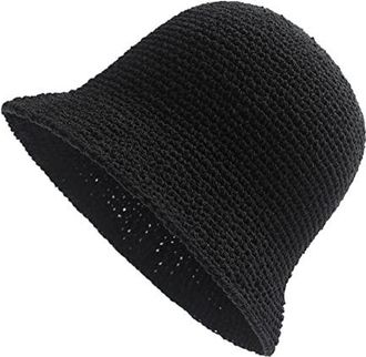 ZLYC Chapeau cloche dhiver en crochet fait &agrave; la main en coton tricot&eacute; pour femme, noir uni, Taille unique