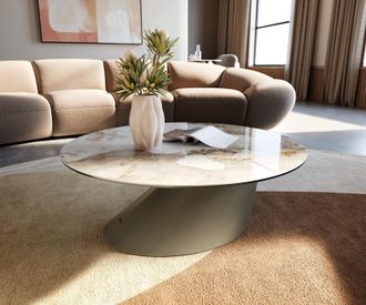 DELIFE Couchtisch Edge Rund 90x90 cm Keramik Minas Melange Conis Metall Effektfinish Titan, Couchtische