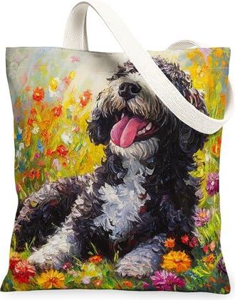 Generic Sac fourre-tout en toile motif chien portugais printanier 33 x 38,1 cm, motif fleurs color&eacute;es, sac d&eacute;picerie r&eacute;utilisable pour femme, animal de compag