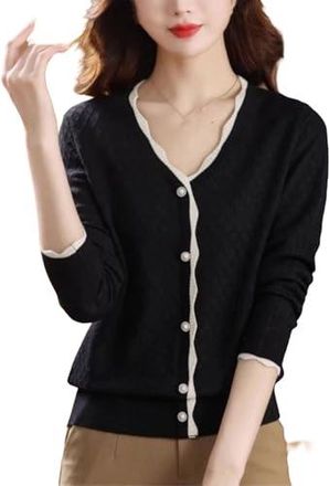 Generic Pull &eacute;l&eacute;gant &agrave; manches longues pour femme - Col en V - Patchwork contrast&eacute; - Pour printemps, Noir/blanc, XXL