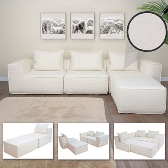 Mendler L-Sofa HWC-O54, Lounge-Couch mit Ottomane, erweiterbar modular rechts/Links, Stoff/Textil 63x270x190cm - Creme