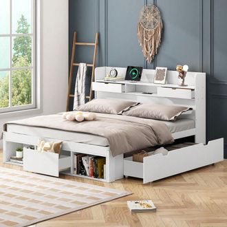 Generic Doppelbett 135 x 190 cm - Profi: Kopfbett mit USB-Anschluss und Aufbewahrungsschubladen - Ideal f&uuml;r Kinder, Jugendliche oder Mehrzweckzimmer, wei&szlig; - O