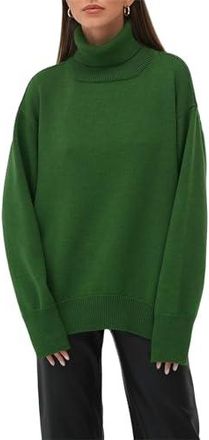 Generic Pull oversize &agrave; col roul&eacute; d&eacute;contract&eacute; et manches longues pour femme - Pull ample en tricot pour lautomne et lhiver, vert fonc&eacute;, M