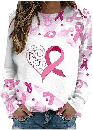 Generic T-Shirt pour Femmes sur Le Cancer du Sein Octobre Rose à Manches Longues Ruban Rose De Sensibilisation Au Cancer du Sein DOctobre Sport Oversize Sweat