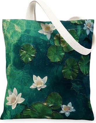Generic Sac fourre-tout en toile avec fleurs de lotus printani&egrave;res - 33 x 38 cm - R&eacute;utilisable - Pour femme - Paysage cool - Plage - Esth&eacute;tique - D&eacute;coration c
