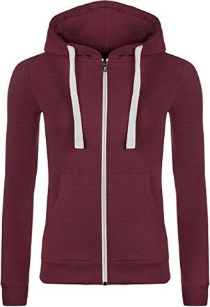 WearAll Nouveau Dames Encapuchonn&eacute; Fermeture &agrave; glissi&egrave;re Manches Longues Extensible Poche Hoodie Top - Vin - 40
