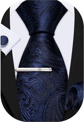 Barry.Wang Bleu Noir Cravate Soie Paisley Mouchoir Bouton de manchette Formel pour Mariage F&ecirc;te