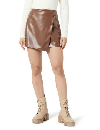 The Drop Womens Portia Vegan Leather Mini Wrap Skirt, Coffee Bean, XXS
