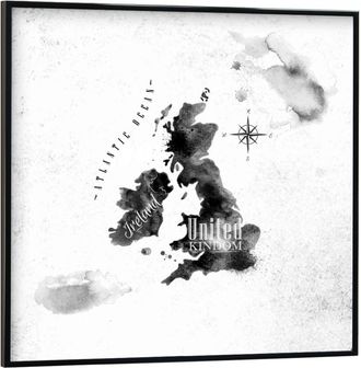 artboxONE Poster mit schwarzem Rahmen 50x50 cm Schwarzweiß Ink United Kingdom Map - Bild map ink map