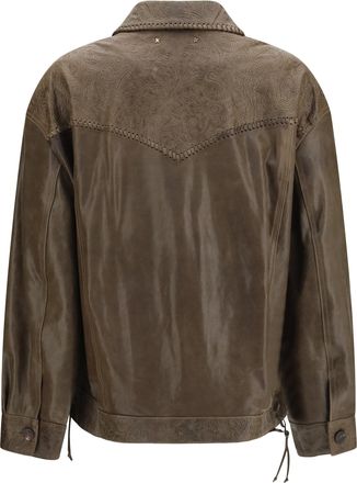 Golden Goose Womens Babete Leather Jacket With Embossed Details Mud Green Calf Bos Taurus