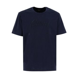 Brioni Homme, Tops, Bleu, Taille: XL T-shirt Col Rond Marine avec Broderie Avant