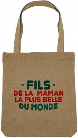 Fabulous Sac Shopping Tote Bag Aspect Lin - Fils de la Maman la plus belle du Monde M&egrave;re Famille - Sac de Courses Toile Epaisse 360g Beige Naturel Cabas Port&eacute; 