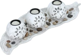 Relaxdays Teelichthalter Set, 3 runde Kerzenständer, Teelichter, Tablett in Blattform, Dekosteine, Tischdeko, grau/weiß