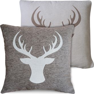 Matches 21 Kissenbezug flauschig 45x45 cm Mix braun mit Hirsch-Kopf - 2er Set Kissenhüllen als Weihnachtsdeko