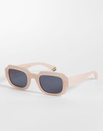 Polaroid Sunglasses Lunettes de soleil rectangulaires &agrave; verres polaris&eacute;s bleus - Blanc