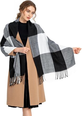 Miss Lulu Damen Schal Winter, weich warm kariert Oversized, Schottenkaro Wolle, lange gedrehte Fransen Stola, Deckenschal für Damen (Schwarz)