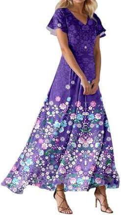 Generic Robe boh&egrave;me 2026 pour femme, robe d&eacute;t&eacute; tendance, coupe trap&egrave;ze, motif floral, robe midi d&eacute;contract&eacute;e &agrave; manches courtes et col en V 2024, violet fonc&eacute;,