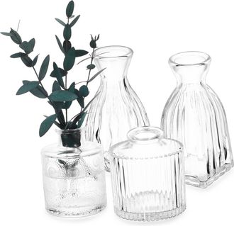 Garneck 4 St&uuml;ck Mini Glasvase Kleine Transparente Blumenvase Vintage Muster Robuste Dekovase f&uuml;r Fensterbank Restaurant Elegante Tischdekoration