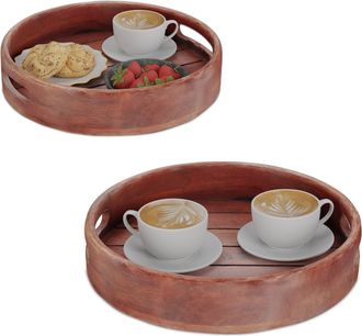 Relaxdays Tablett, Mangoholz, 2-TLG. Set, Ø 29 & 36 cm, Serviertablett mit Griffen, hoher Rand, rund, Dekotablett, braun