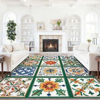 Generic Moderne Antid&eacute;rapant Tapis Color&eacute; - Doux R&eacute;sistant Lavable en Machine Tapis &agrave; Motif Boh&egrave;me G&eacute;om&eacute;trique Carreau Poil Ras Moquette pour Salon Chambre Cu