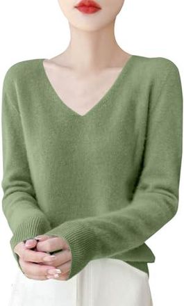 Generic Pull à col en V à manches longues pour femme - Couleur unie - Pull en tricot uni confortable - Col en V - Manches longues creuses - Chemises dautomne 