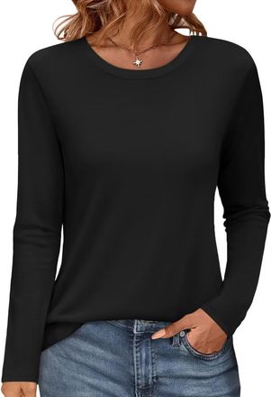 Onsoyours Damen Rundhals Tshirt Langarm Pullover Herbst Winter Oberteile Einfarbig Basic Longshirt Tops A Schwarz XXL
