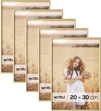 Woltu Bilderrahmen 20x30 cm, 5 Set, Fotorahmen Gold, Aluminium, mit Passepartout, zum vertikalen oder horizontalen Aufh&auml;ngen/Aufstellen, f&uuml;r Fotos, Bilder