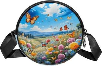 Generic Sac &agrave; bandouli&egrave;re rond pour femme, motif papillon, fleurs, petit sac &agrave; bandouli&egrave;re avec fermeture &eacute;clair, bretelles r&eacute;glables, sac &agrave; main rond d&eacute;contr