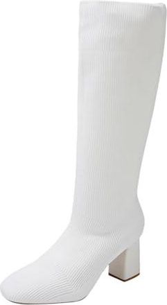 Generic Bottes mi-mollet en tricot extensible pour femme - &Eacute;l&eacute;gantes - Couleur unie - Respirantes - Talon &eacute;pais - Confortables - Chaudes - &Agrave; enfiler, blanc, 3