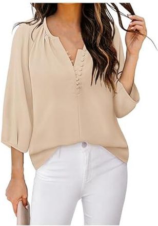 Generic Robes boh&egrave;mes pour femmes, chemisiers habill&eacute;s et d&eacute;contract&eacute;s &agrave; col en V et manches 3/4, chemises boutonn&eacute;es en mousseline de soie 2026, kaki, XXL