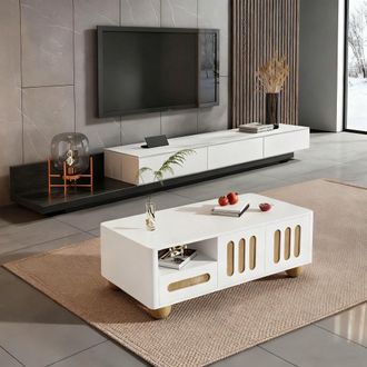 Generic Couchtisch mit 4 T&uuml;ren, 2 Schubladen und offenem Fach, 105x50x40 cm gro&szlig;es M&ouml;bel in Wei&szlig;/Holzoptik mit LED-Beleuchtung, Kugelf&uuml;&szlig;en und abgerundeten Ec