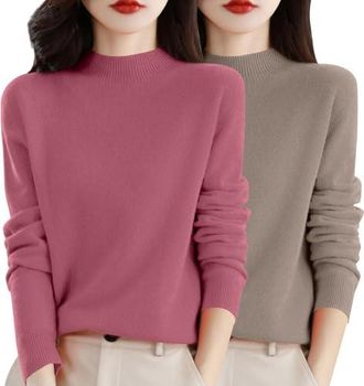 Generic Pull pour femme - Pull ample doux et confortable - &Eacute;lastique &agrave; manches longues - Couleur unie - Col roul&eacute; - Pour lautomne et lhiver 2025, rose, XXL