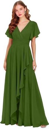 Generic Robe de demoiselle dhonneur en mousseline de soie &agrave; col en V pour femme, robe de soir&eacute;e formelle &agrave; manches flottantes avec fente, vert olive, 58 Grand