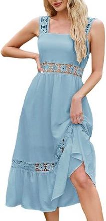 Generic Robe d&eacute;t&eacute; sans manches pour femme, style boh&egrave;me, d&eacute;contract&eacute;e, &agrave; col carr&eacute;, smock&eacute;, &agrave; motif floral, robe d&eacute;t&eacute;, robe de plage, vacances, robe baggy pou