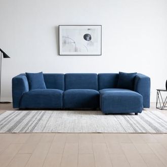 Concept Usine | Canap&eacute; Modulable en Velours C&ocirc;tel&eacute; | 3 Places + 1 Pouf | Monroe Bleu| Style Moderne et Ultra Tendance | Large Assise et Pouf Modulable | Rev&ecirc;tement 