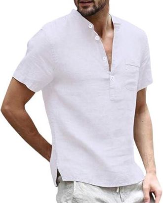 Generic Chemise d&eacute;t&eacute; boutonn&eacute;e en lin pour homme - Chemise d&eacute;t&eacute; en coton et lin - Chemise de plage l&eacute;g&egrave;re - &Eacute;l&eacute;gante chemise de vacances - Chemise &agrave; manches l