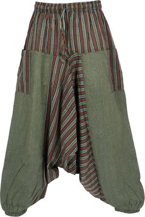 Guru Shop Haremshose, Gestreifte Patchwork Pluderhose, Pumphose, Aladinhose - Olive, Damen, Baumwolle