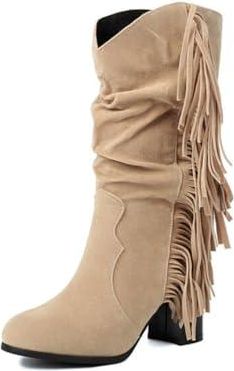 Generic Bottes à mi-Mollet à Franges bohèmes pour Femmes Talons carrés mi-épais Pull on Chaussures de fête décontractées élégantes au Quotidien,Apricot,43 EU