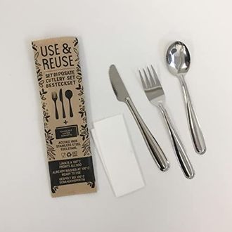 Pintinox Pintinox Lot de 100 paquets fourchette, couteau et cuill&egrave;re Use&Reuse avec serviette, acier inoxydable sans nickel, alternative au plastique jetable