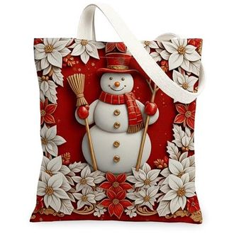 Generic Sacs fourre-tout en toile motif bonhomme de neige de No&euml;l, sacs d&eacute;picerie r&eacute;utilisables, vintage, l&eacute;gers, lavables, Rouge, 13x15 Inch