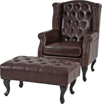 Hhg Sessel Relaxsessel Clubsessel Ohrensessel Chesterfield Oxford, Kunstleder antik-braun mit Ottomane