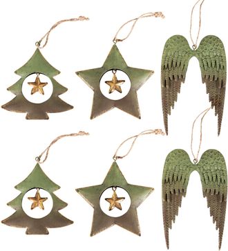 Matches 21 Christbaumschmuck Baum, Stern & Flügel aus Metall Grün-Gold - 6er Set Weihnachtsdeko Anhänger
