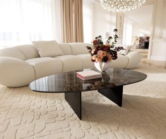 DELIFE Couchtisch Edge Oval 140x75 cm Keramik Emperador Extra Lucidato Dunkelbraun Salto Metall Schwarz, Couchtische