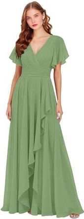 Generic Robe de demoiselle dhonneur en mousseline de soie &agrave; col en V pour femme, robe de soir&eacute;e formelle &agrave; manches flottantes avec fente, Sauge poussi&eacute;reuse.,