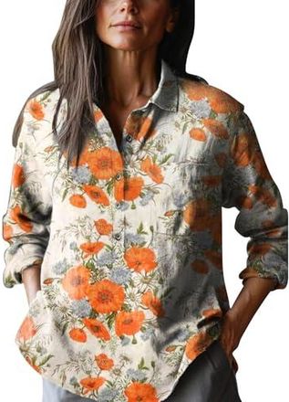 Generico Chemise Femme Curvy &agrave; Manches Longues T Shirt en Lin Coton &Eacute;l&eacute;gant Respirant Blouse Col en V Classique Chemisier Vintage Imprim&eacute; avec Boutons L&eacute;ger Ch