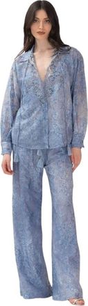 Ermanno Scervino Femme, Pantalons, Bleu, Taille: 40 FR Pantalon Palazzo avec Broderie et Taille Couliss&eacute;e