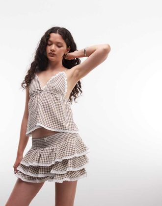 Daisy Street Gesmokter Skort in kariertem Braun mit niedrigem Bund, Kombiteil