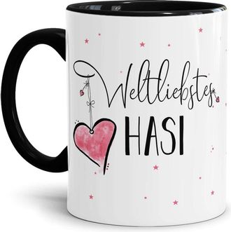 Tassendruck Tasse mit Spruch - Weltliebstes Hasi weiblich - Geschenk für Freundin, Partnerin und liebste Frau - Innen & Henkel Schwarz, 300 ml