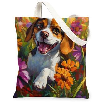 Generic Sac fourre-tout en toile motif beagle printanier 33 x 38,1 cm, motif fleurs color&eacute;es, sac d&eacute;picerie r&eacute;utilisable pour femme, animal de compagnie, d&eacute;co