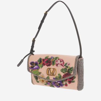 Valentino Garavani Womens Shoulder Bag Devain Small Embroidered Linen Multicolour